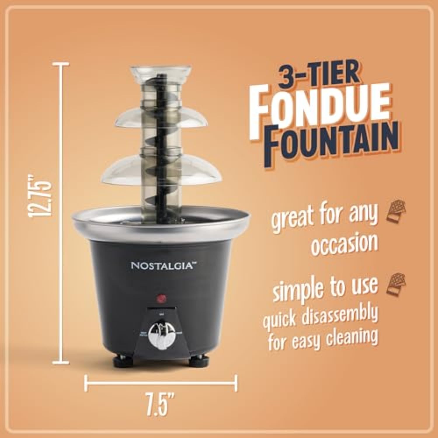 Nostalgia Electric Chocolate Fondue Fountain, 24-Ounce, 3-Tier Set, Fountain Machine for Cheese, Melting Chocolate, Liqueurs, Black