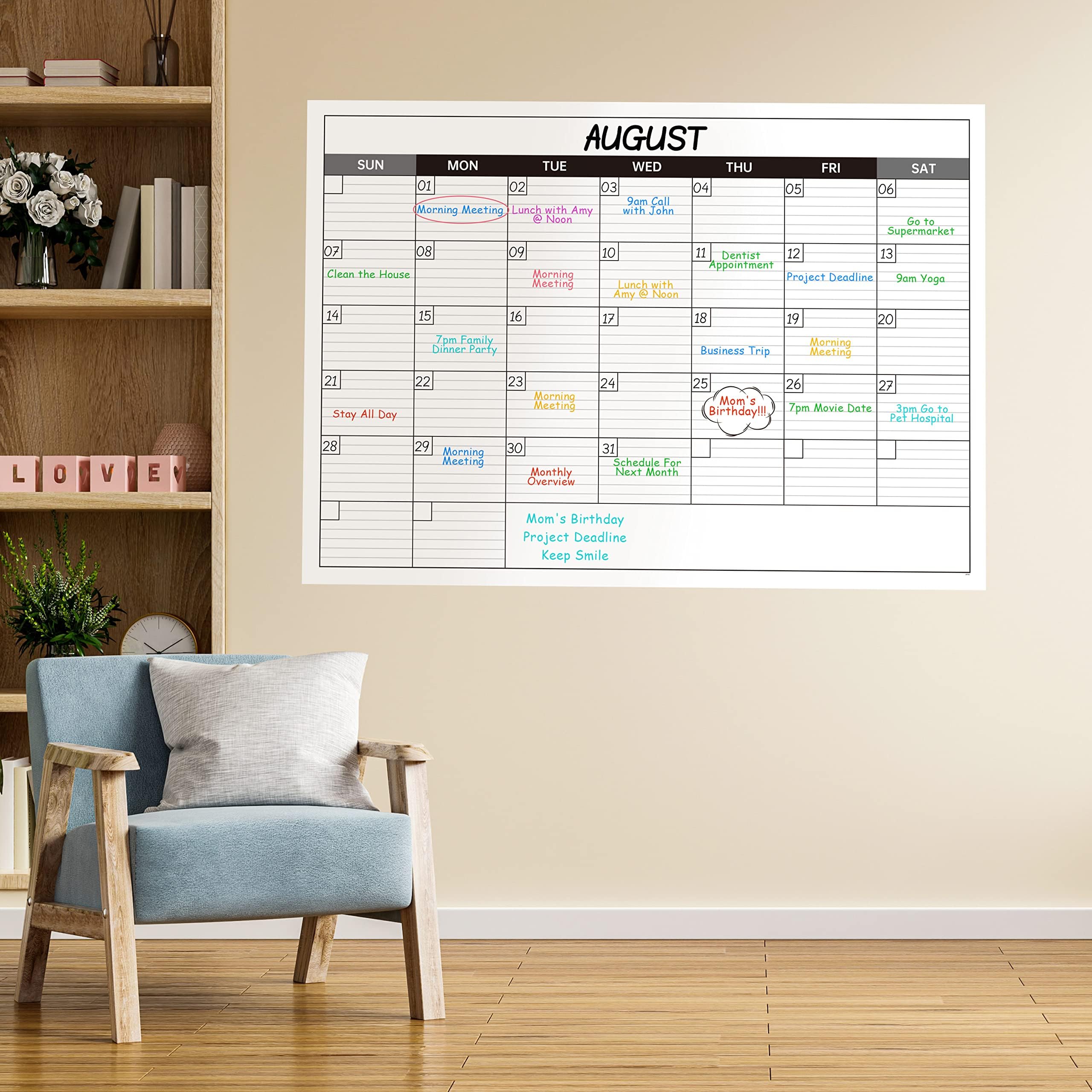 Dry Erase Calendar for Wall - Large Dry Erase Calendar, 28" x 40", Undated Monthly Calendar for Home, Office, Classroom, Erasable Laminated Calendar Whiteboard with 6 Markers & 6 Stickers - 1Y Grey