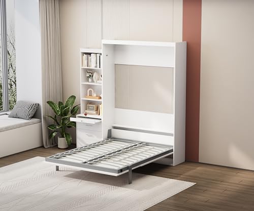 HBRR Full Size Vertical Murphy Chest with Storage Shelf & Drawers, Space-Saving Wall Multipurpose Room, Versatile Cabinet Folding, Hidden Bed Gas Struts, White