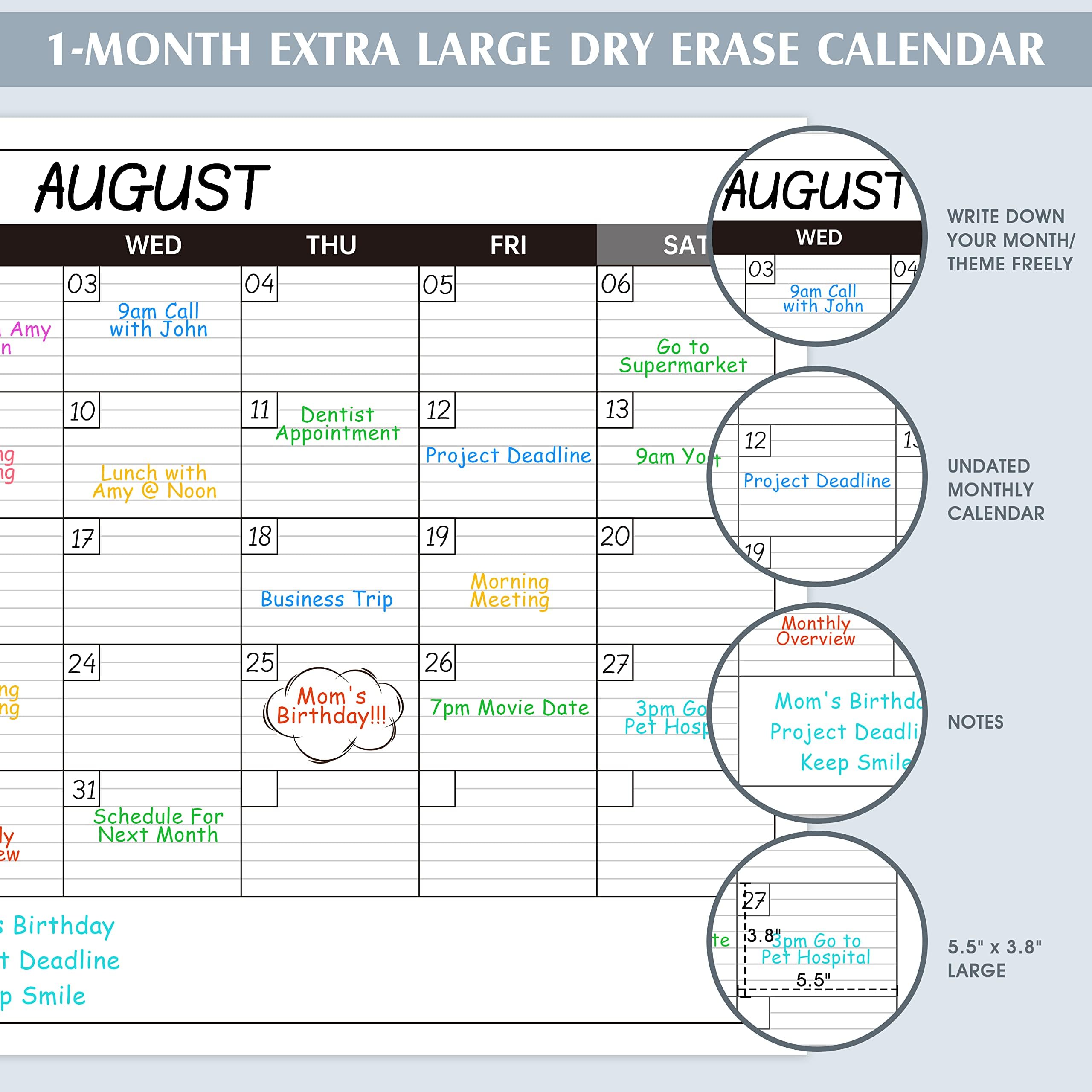 Dry Erase Calendar for Wall - Large Dry Erase Calendar, 28" x 40", Undated Monthly Calendar for Home, Office, Classroom, Erasable Laminated Calendar Whiteboard with 6 Markers & 6 Stickers - 1Y Grey