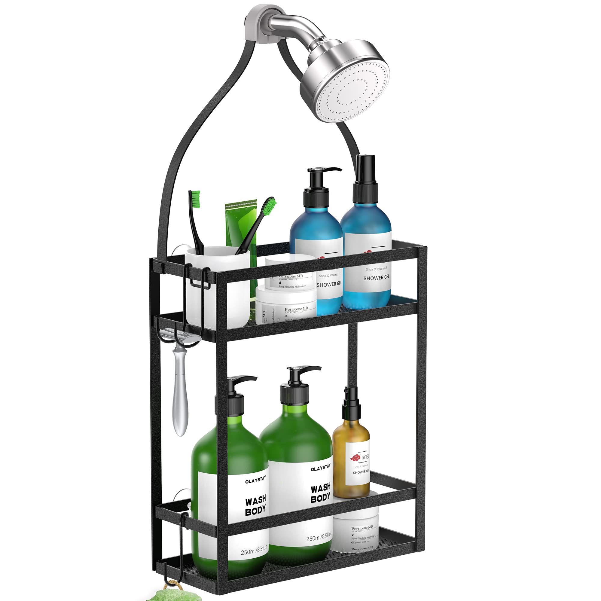 Meangood Shower Caddy Organizer,Mounting Over Shower Head Or Door,Extra Wide Space for Shampoo, Conditioner, and Soap with Hooks for Razorsand More,10.5" x 4.5" x 22.4", Mental Black