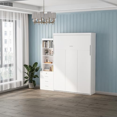HBRR Full Size Vertical Murphy Chest with Storage Shelf & Drawers, Space-Saving Wall Multipurpose Room, Versatile Cabinet Folding, Hidden Bed Gas Struts, White