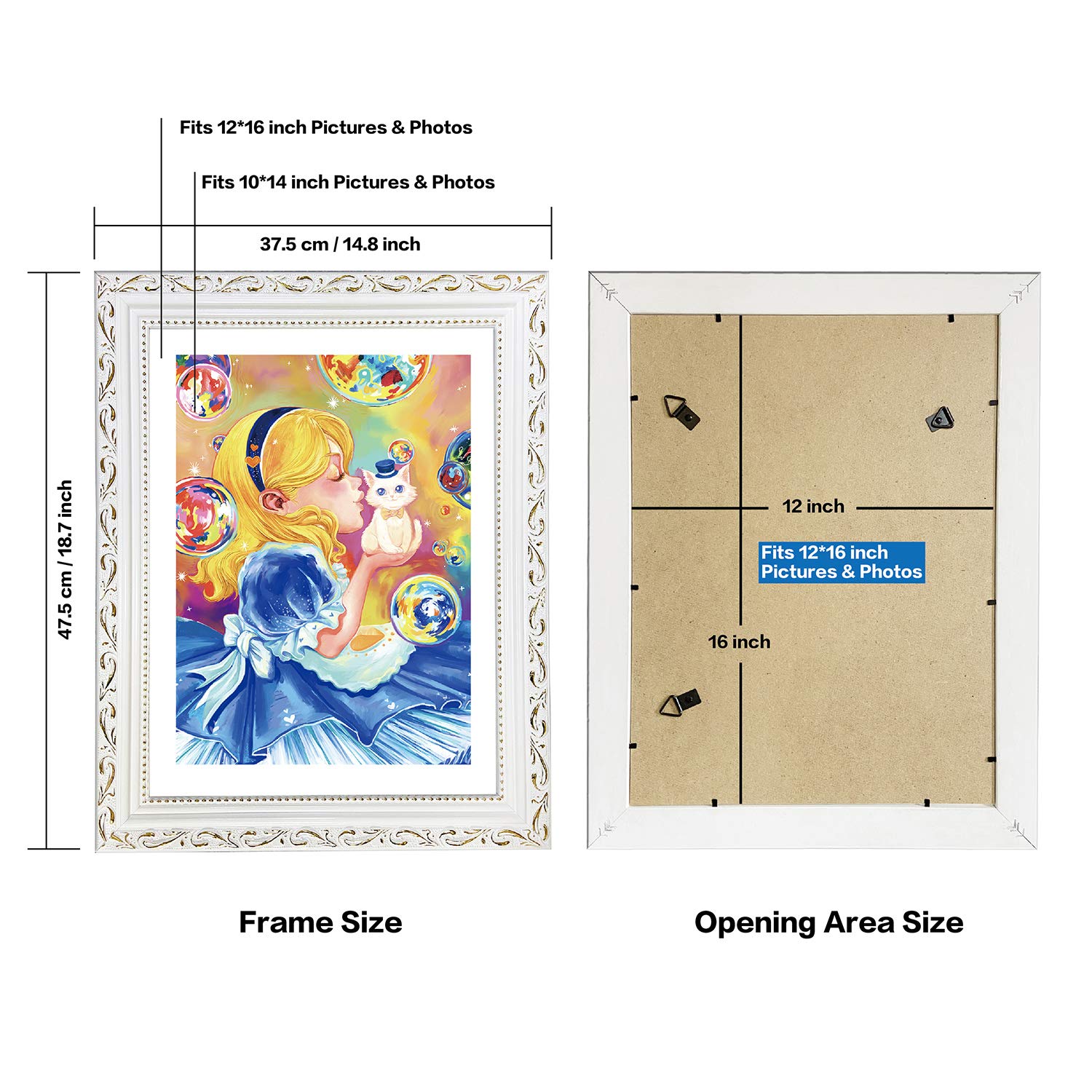 Betionol Diamond Painting Frames, Classic White Nature Solid Wood Frame Covered Plaster Fit For 12x16 inch/30x40cm Photos or Prints, Including Plexiglass and Back Mat and Hanging Kits