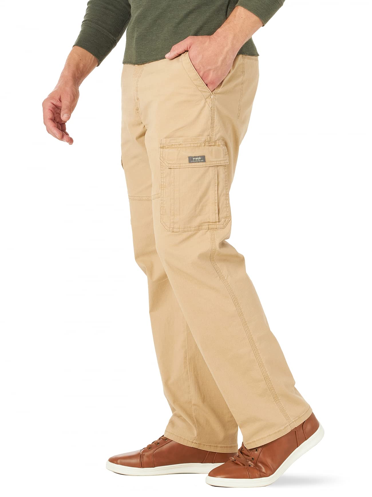 Wrangler Authentics Men's Relaxed Fit Stretch Cargo Pant, Travertine Ripstop, 36W x 29L