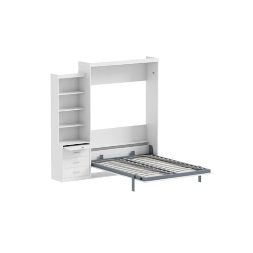 HBRR Full Size Vertical Murphy Chest with Storage Shelf & Drawers, Space-Saving Wall Multipurpose Room, Versatile Cabinet Folding, Hidden Bed Gas Struts, White