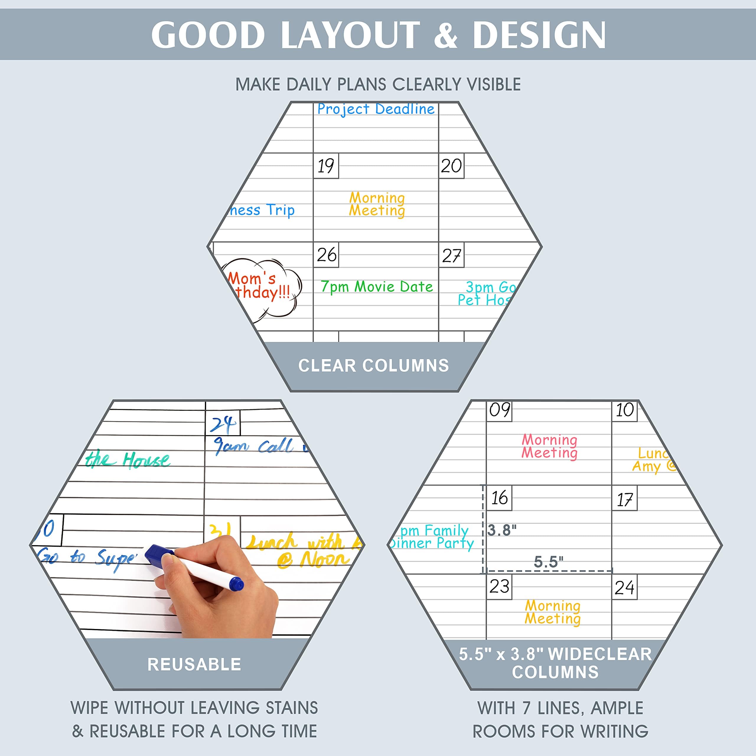 Dry Erase Calendar for Wall - Large Dry Erase Calendar, 28" x 40", Undated Monthly Calendar for Home, Office, Classroom, Erasable Laminated Calendar Whiteboard with 6 Markers & 6 Stickers - 1Y Grey