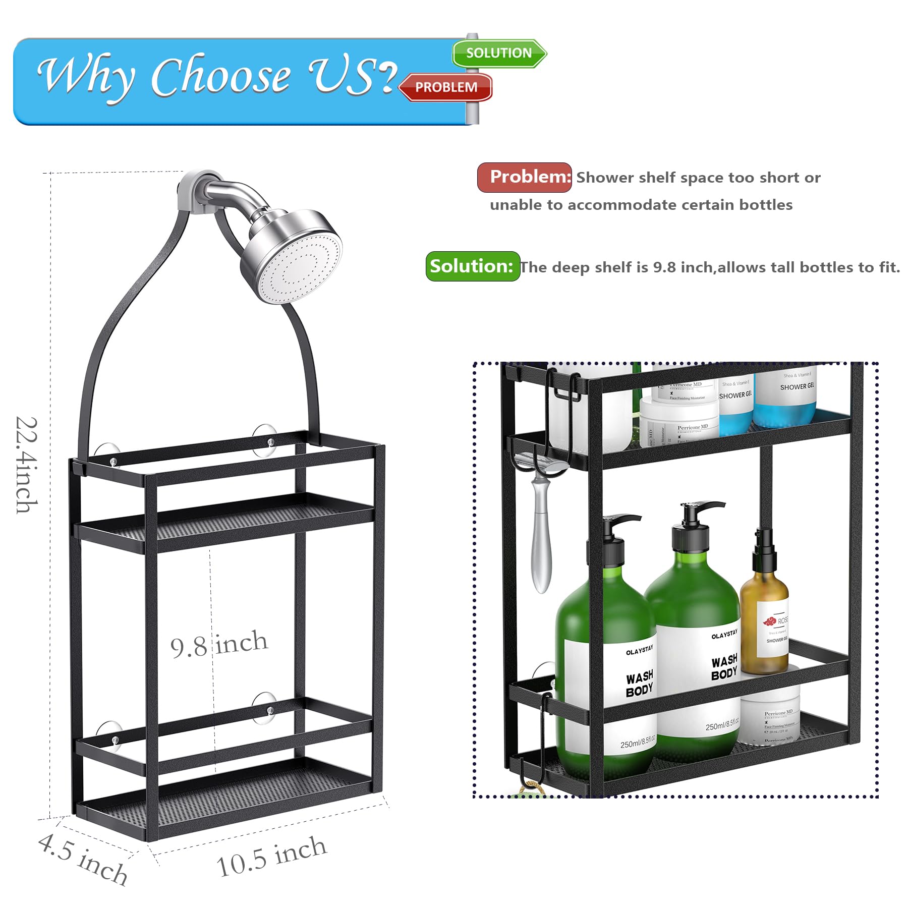 Meangood Shower Caddy Organizer,Mounting Over Shower Head Or Door,Extra Wide Space for Shampoo, Conditioner, and Soap with Hooks for Razorsand More,10.5" x 4.5" x 22.4", Mental Black
