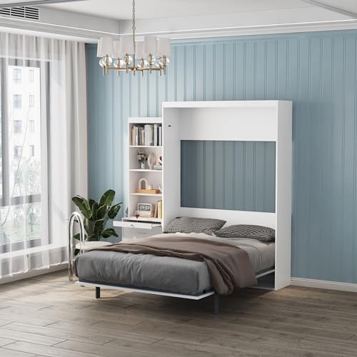 HBRR Full Size Vertical Murphy Chest with Storage Shelf & Drawers, Space-Saving Wall Multipurpose Room, Versatile Cabinet Folding, Hidden Bed Gas Struts, White