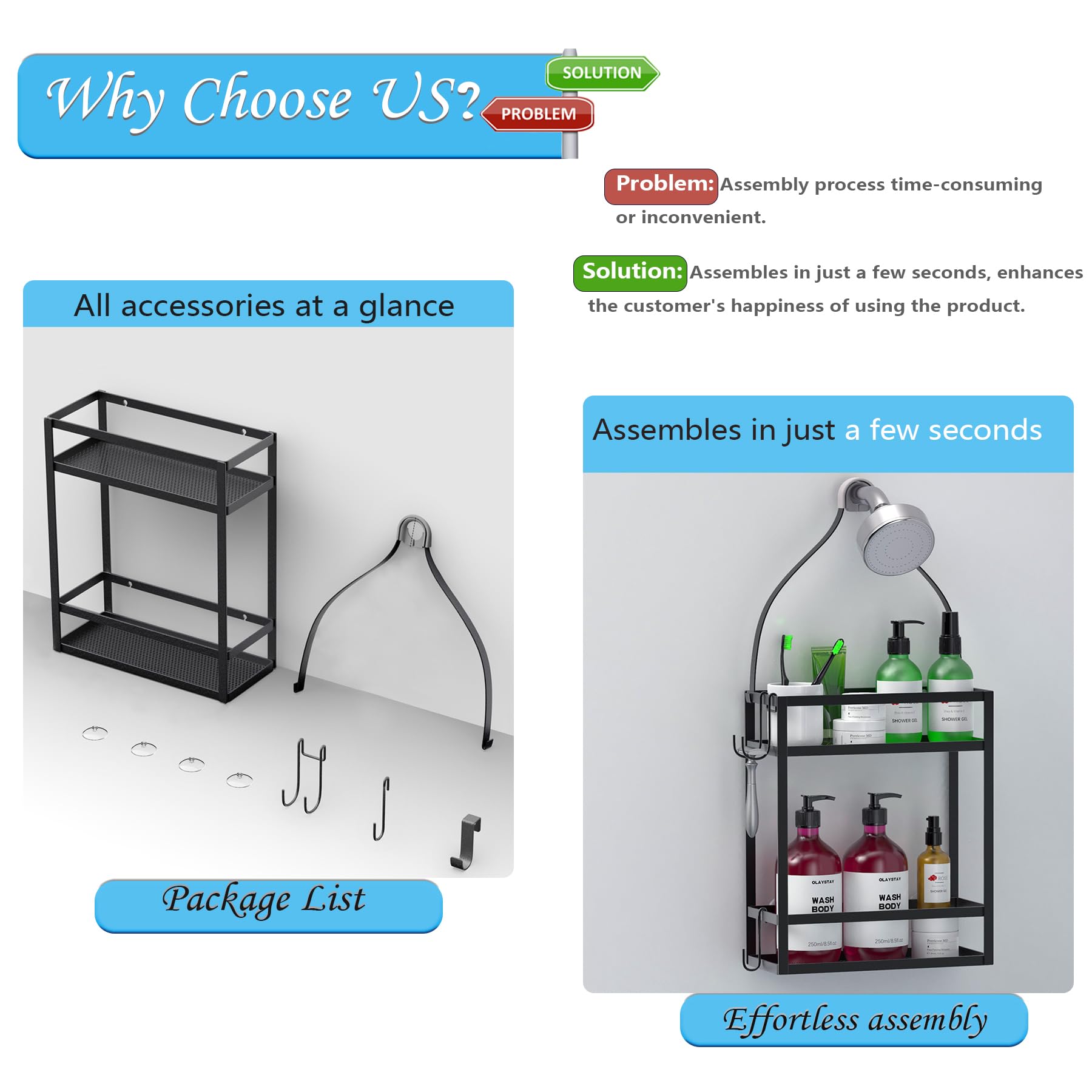 Meangood Shower Caddy Organizer,Mounting Over Shower Head Or Door,Extra Wide Space for Shampoo, Conditioner, and Soap with Hooks for Razorsand More,10.5" x 4.5" x 22.4", Mental Black