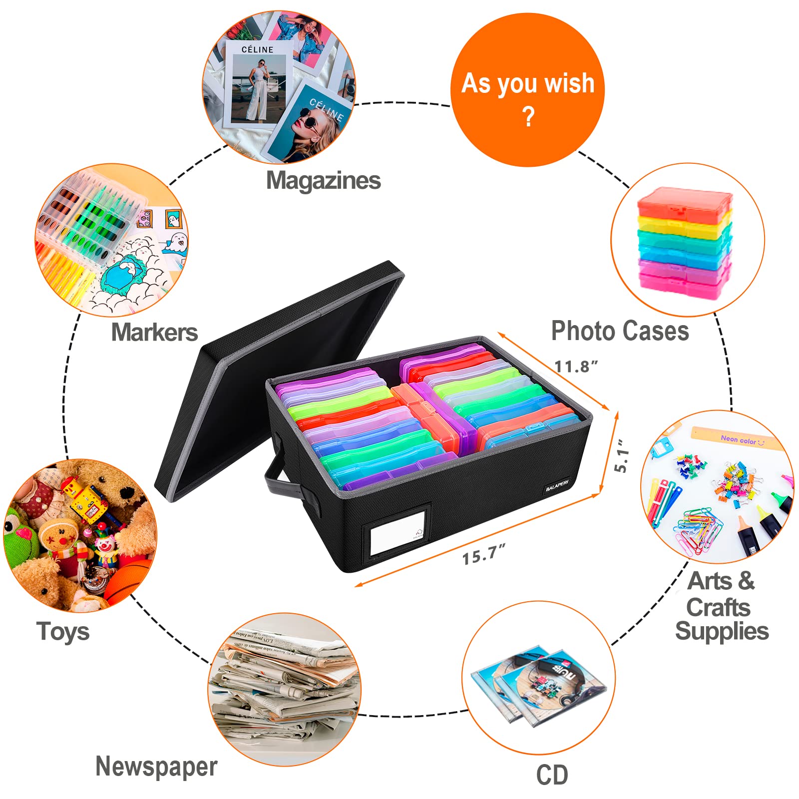 BALAPERI Fireproof Photo Storage Box with Lid (Box Only)- Holds up to 20 4" x 6" Photo Cases, Collapsible Scrapbook Storage Box, Portable Photo and Craft Keeper Storage Box with Handle
