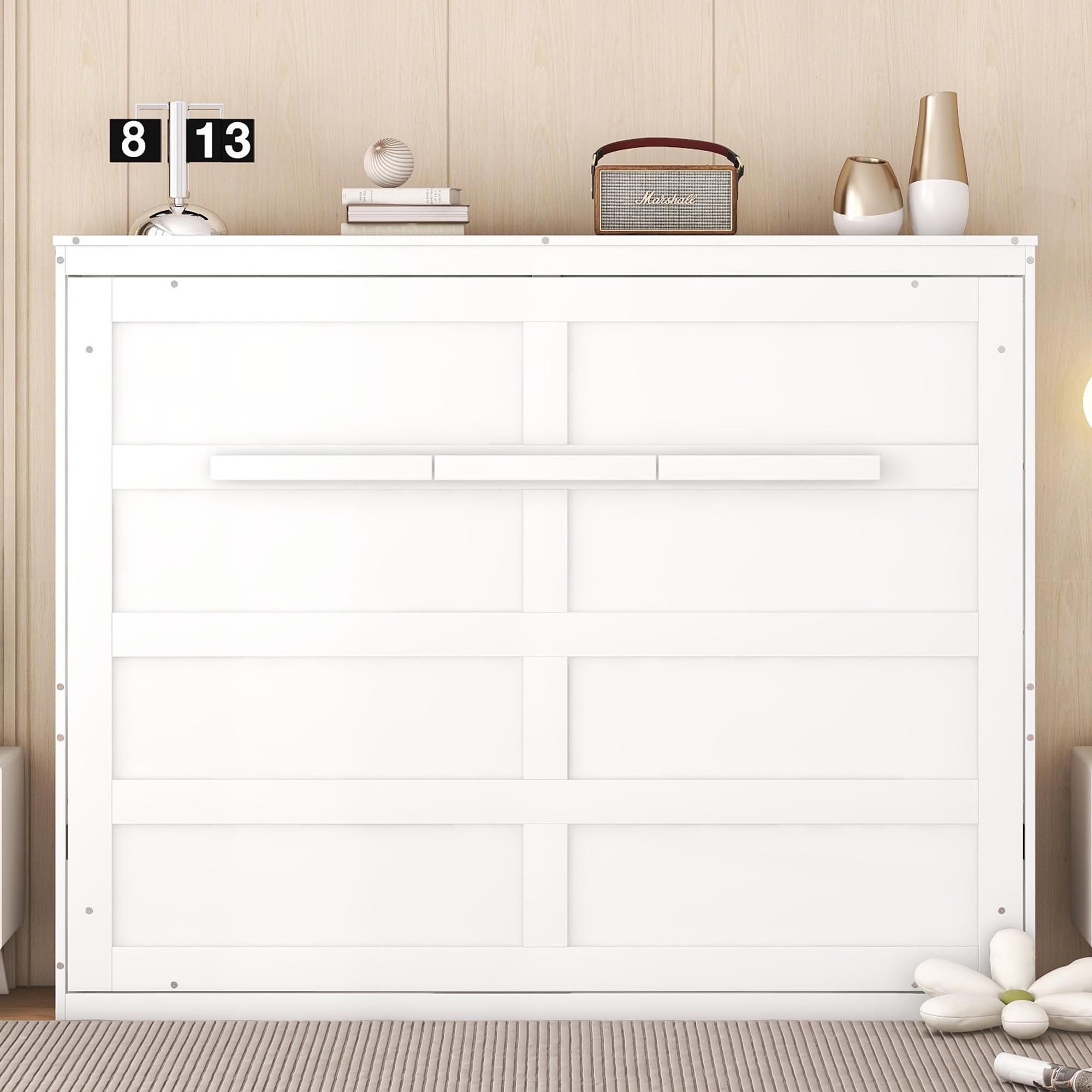 Full Size Murphy Bed Frame, Foldable Cube Cabinet Full Platform Bed, Modern Murphy Bed, Space-Saving Wall Bed for Guest Room or Home Office, No Box Spring Needed, Noise Free (White)