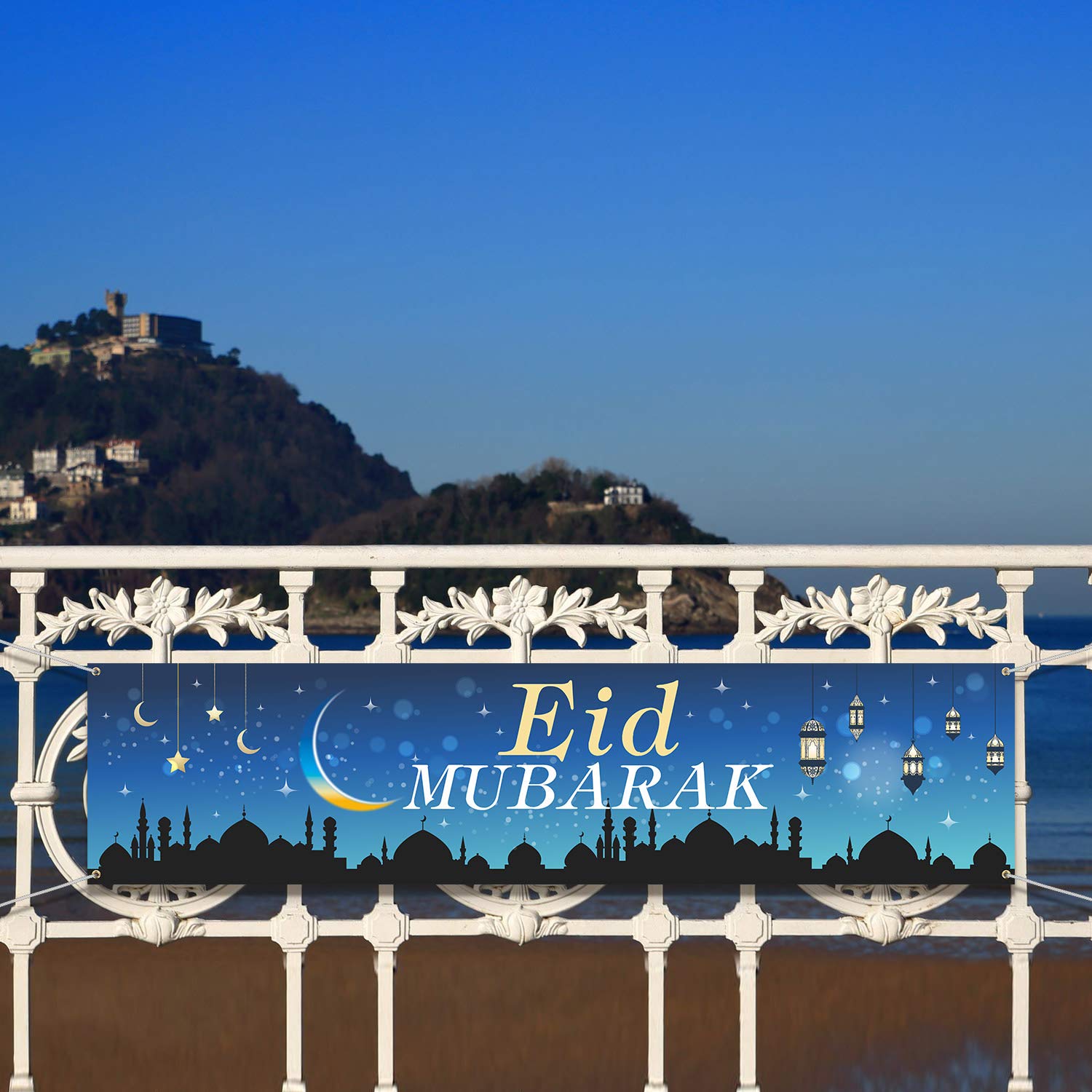 Eid Mubarak Decorations Banner - Muslim Ramadan Party Supplies Decorations, Blue Eid Mubarak Celebration Decoration for Muslim