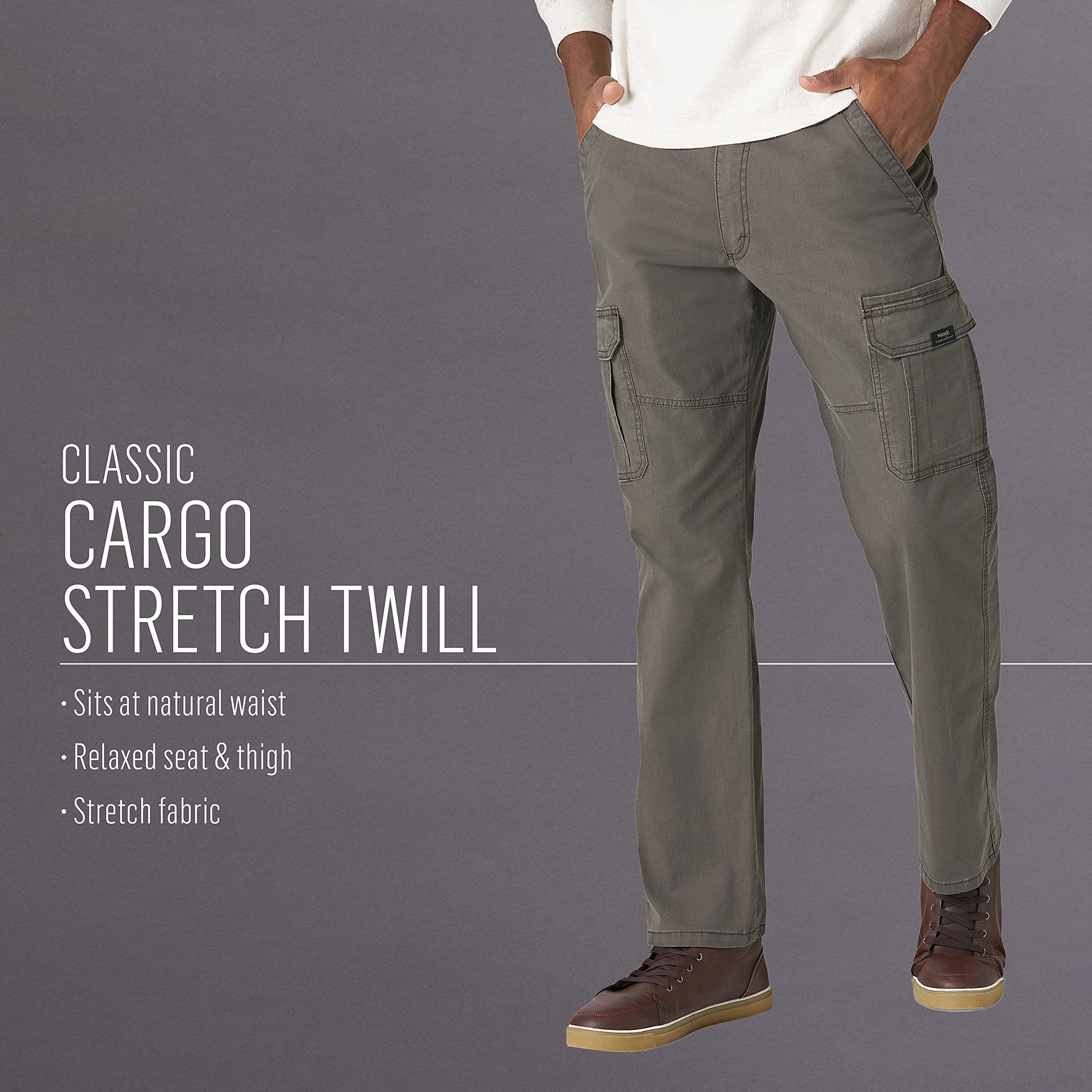 Wrangler Authentics Men's Relaxed Fit Stretch Cargo Pant, Travertine Ripstop, 36W x 29L