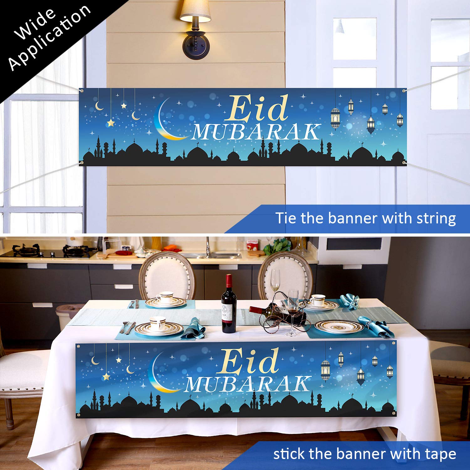 Eid Mubarak Decorations Banner - Muslim Ramadan Party Supplies Decorations, Blue Eid Mubarak Celebration Decoration for Muslim