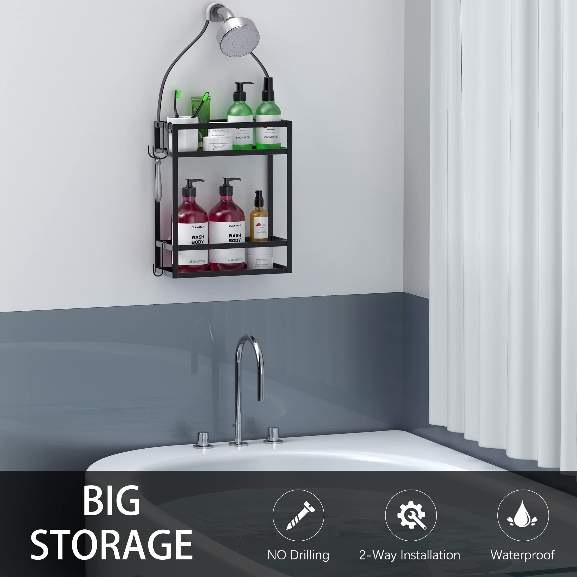 Meangood Shower Caddy Organizer,Mounting Over Shower Head Or Door,Extra Wide Space for Shampoo, Conditioner, and Soap with Hooks for Razorsand More,10.5" x 4.5" x 22.4", Mental Black