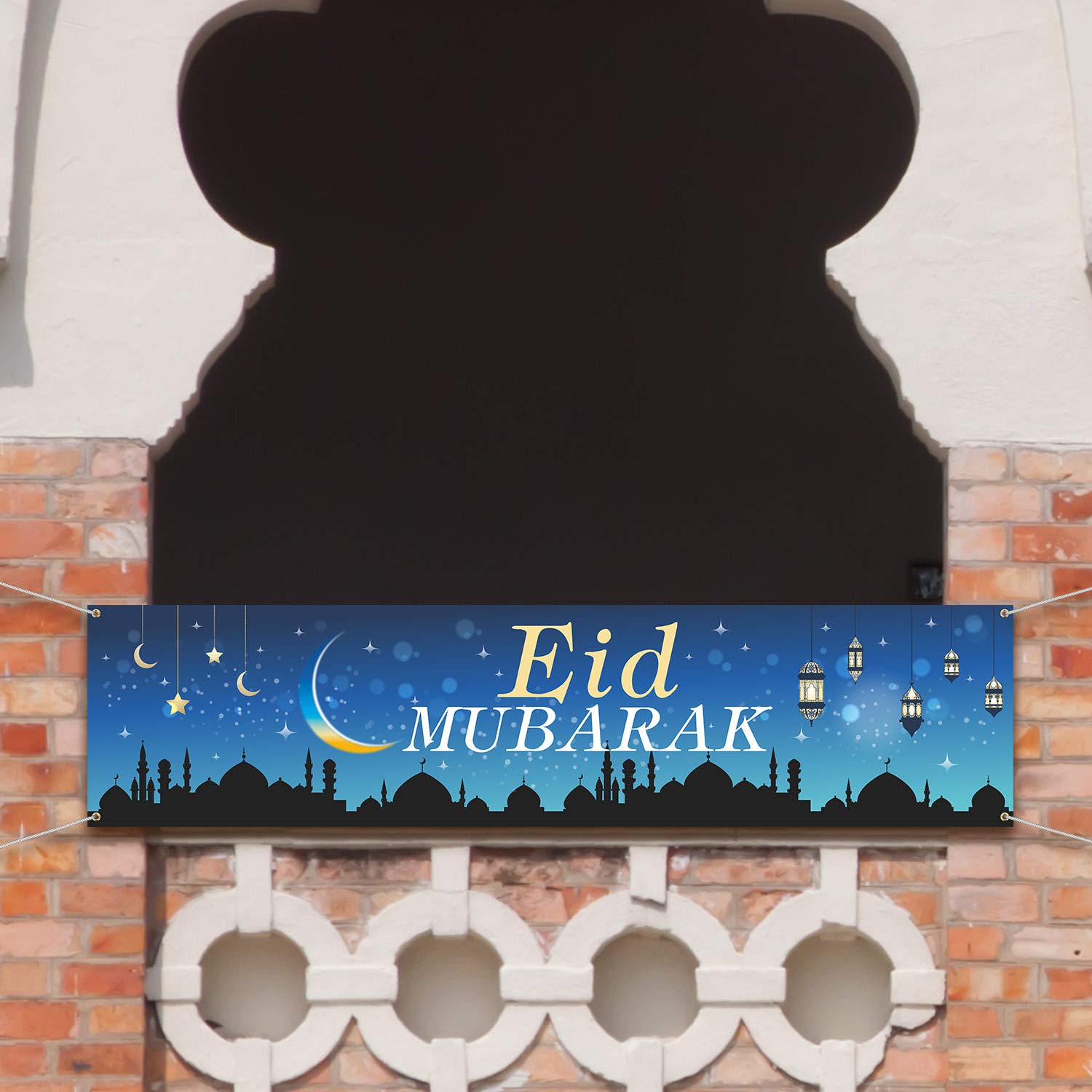 Eid Mubarak Decorations Banner - Muslim Ramadan Party Supplies Decorations, Blue Eid Mubarak Celebration Decoration for Muslim