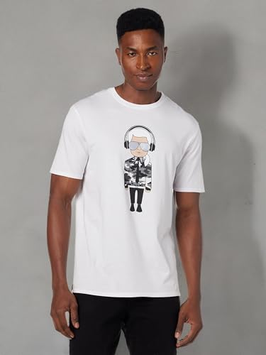 Karl Lagerfeld Paris Reflective T, Karl Character with Headphones Short Sleeve Crew Neck Men’s Shirt, White, M