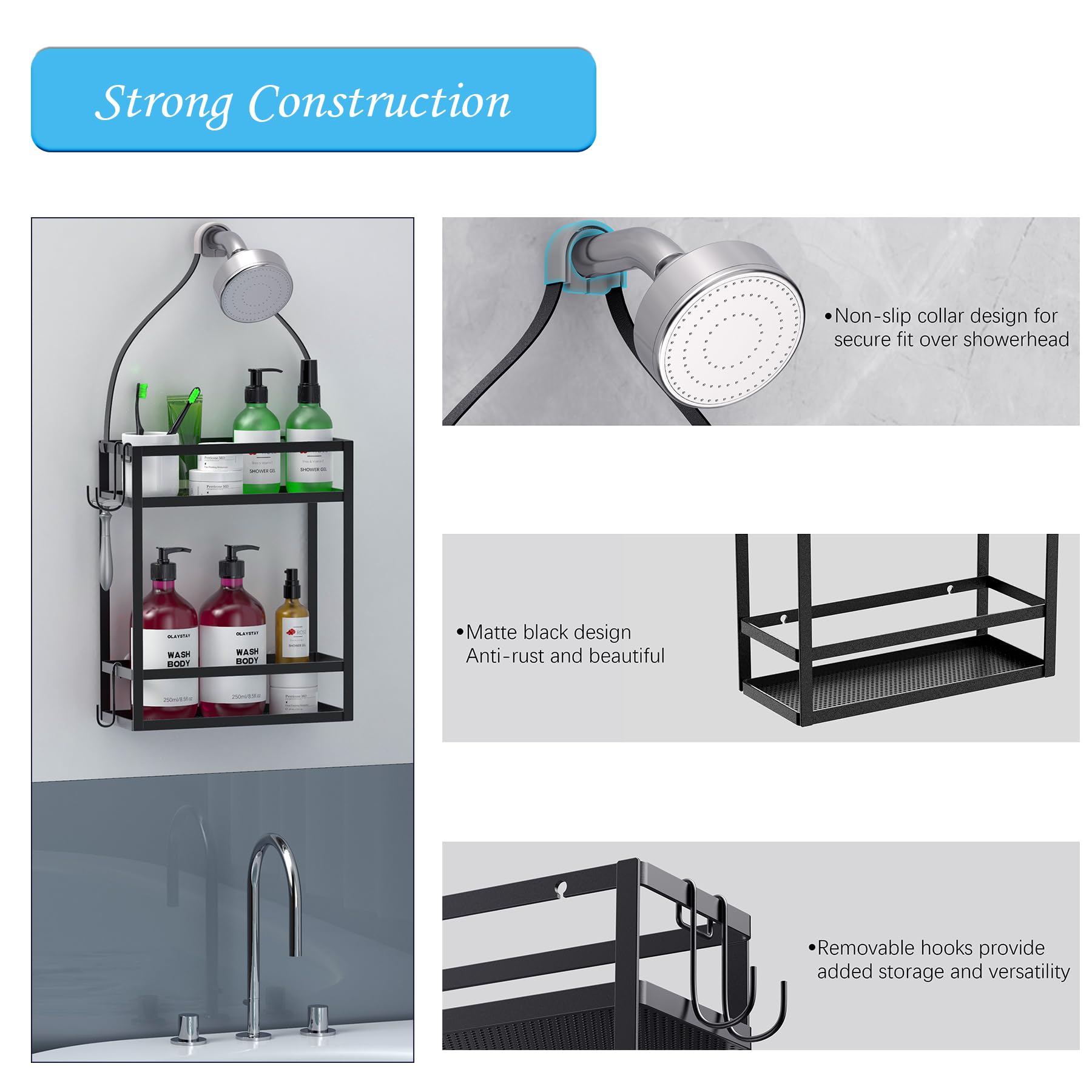 Meangood Shower Caddy Organizer,Mounting Over Shower Head Or Door,Extra Wide Space for Shampoo, Conditioner, and Soap with Hooks for Razorsand More,10.5" x 4.5" x 22.4", Mental Black