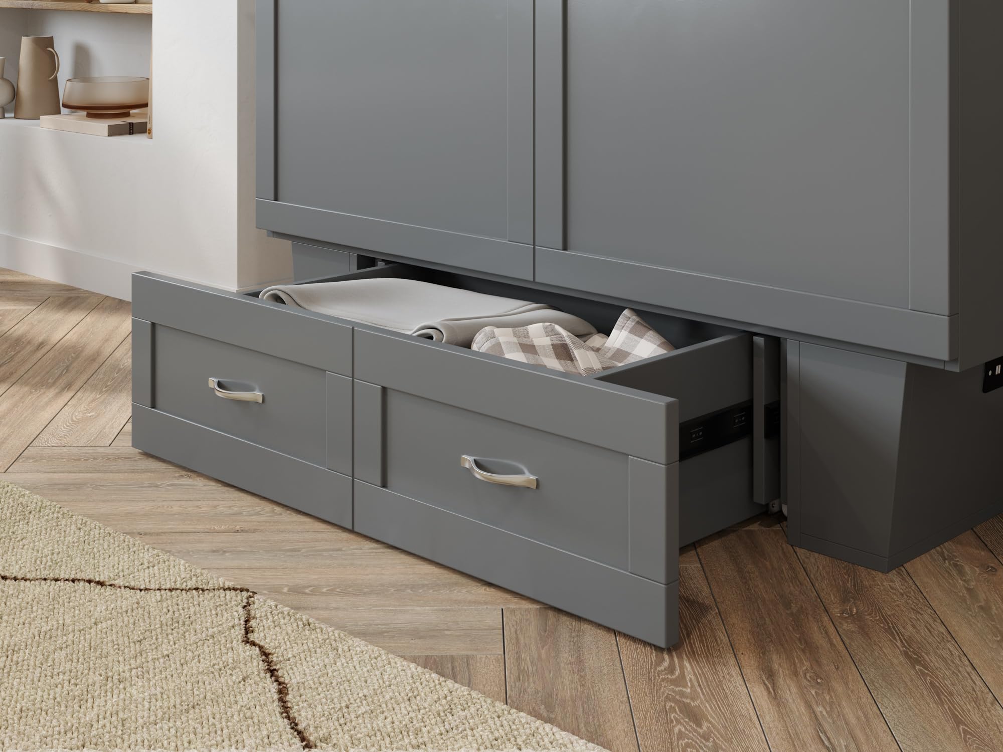 AFI Monroe Full Size Murphy Bed Chest with Mattress, Storage, & Built-in Charger in Grey
