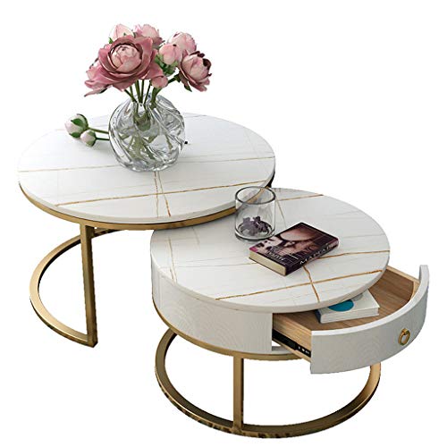 Round Nesting Coffee Table Two-Piece Living Room Coffee Table, Golden Frame Slate Coffee Table with Drawers, Suitable for Small Storage Table in Living Room Office Balcony