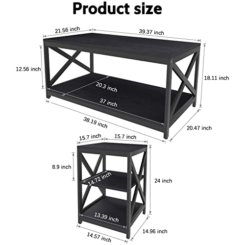 Bigbiglife Living Room Table Set of 3, Industrial X-Design Coffee Table with 2 End Side Tables, Modern 3 Pieces Coffee Table Set with Metal Frame for Apartment Home Office, Easy to Assemble, Black