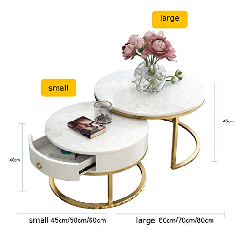 Round Nesting Coffee Table Two-Piece Living Room Coffee Table, Golden Frame Slate Coffee Table with Drawers, Suitable for Small Storage Table in Living Room Office Balcony