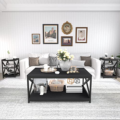 Bigbiglife Living Room Table Set of 3, Industrial X-Design Coffee Table with 2 End Side Tables, Modern 3 Pieces Coffee Table Set with Metal Frame for Apartment Home Office, Easy to Assemble, Black