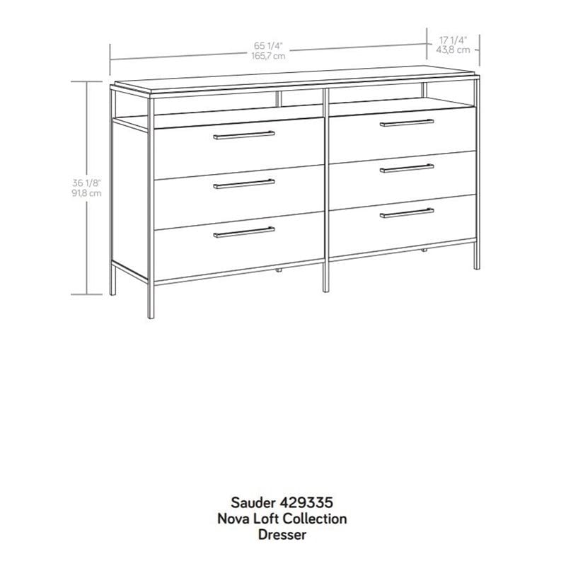 Sauder Nova Loft 6-Drawer Bedroom Dresser with Open Shelf, Grand Walnut Finish