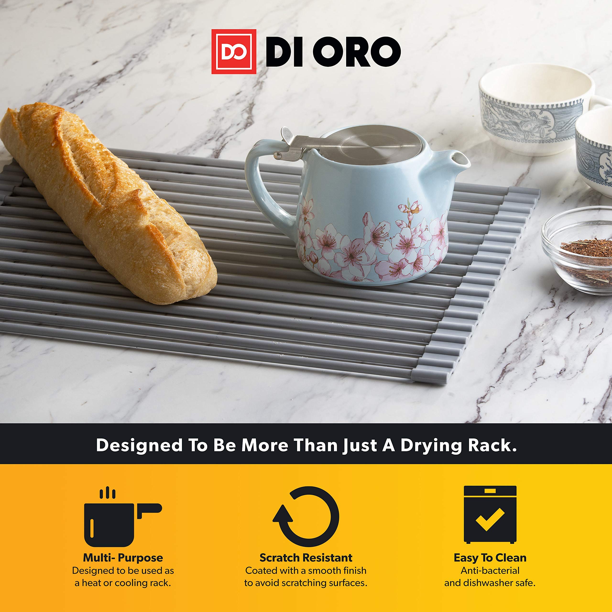 Roll Up Dish Drying Rack - Silicone Dish Drying Rack Over The Sink Kitchen (17" x 13") - Foldable Farmhouse Sink Drying Rack - Heavy- Duty Stainless Steel Core - BPA Free & Dishwasher Safe by DI ORO