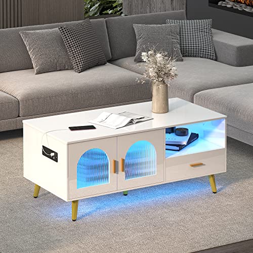 LVSOMT 42.5'' Coffee Table with 3 Colors Lighting, High Glossy Modern Accent Furniture with Storage, Contemporary Rectangle Table for Living Room(Glossy White