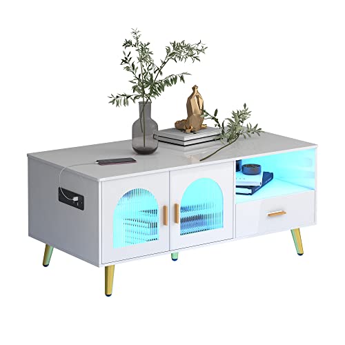 LVSOMT 42.5'' Coffee Table with 3 Colors Lighting, High Glossy Modern Accent Furniture with Storage, Contemporary Rectangle Table for Living Room(Glossy White