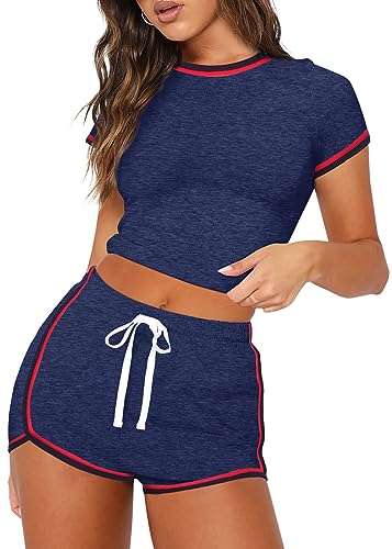 Womens Two Piece Outfits Summer Short Sleeve Crop Top Tshirt Blue Grey M