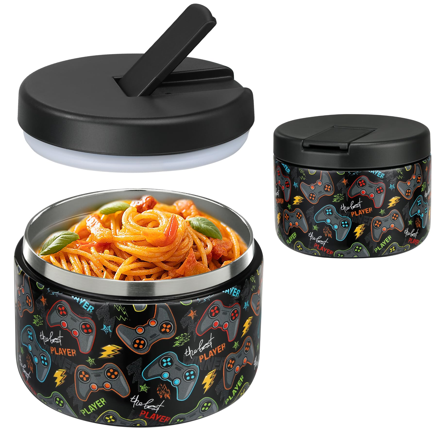 Pawtong 12oz Insulated Vacuum Food Jar with Buckle Lid Wide Mouth Soup Thermo for Hot Food Kids Leakproof Stainless Steel Lunch Container (Black-Game)