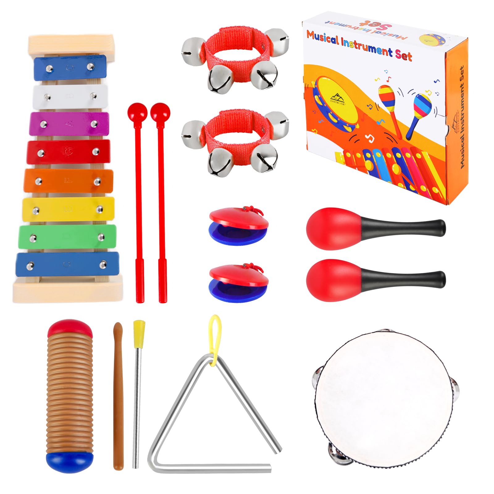 EASTROCK 13 Pcs Musical Instruments Set Toy for Children,Best Gifts for Children,Include Tambourine,Xylophone,Triangle Instrument,Guiro,Maracas,Castanets,Wrist Bells
