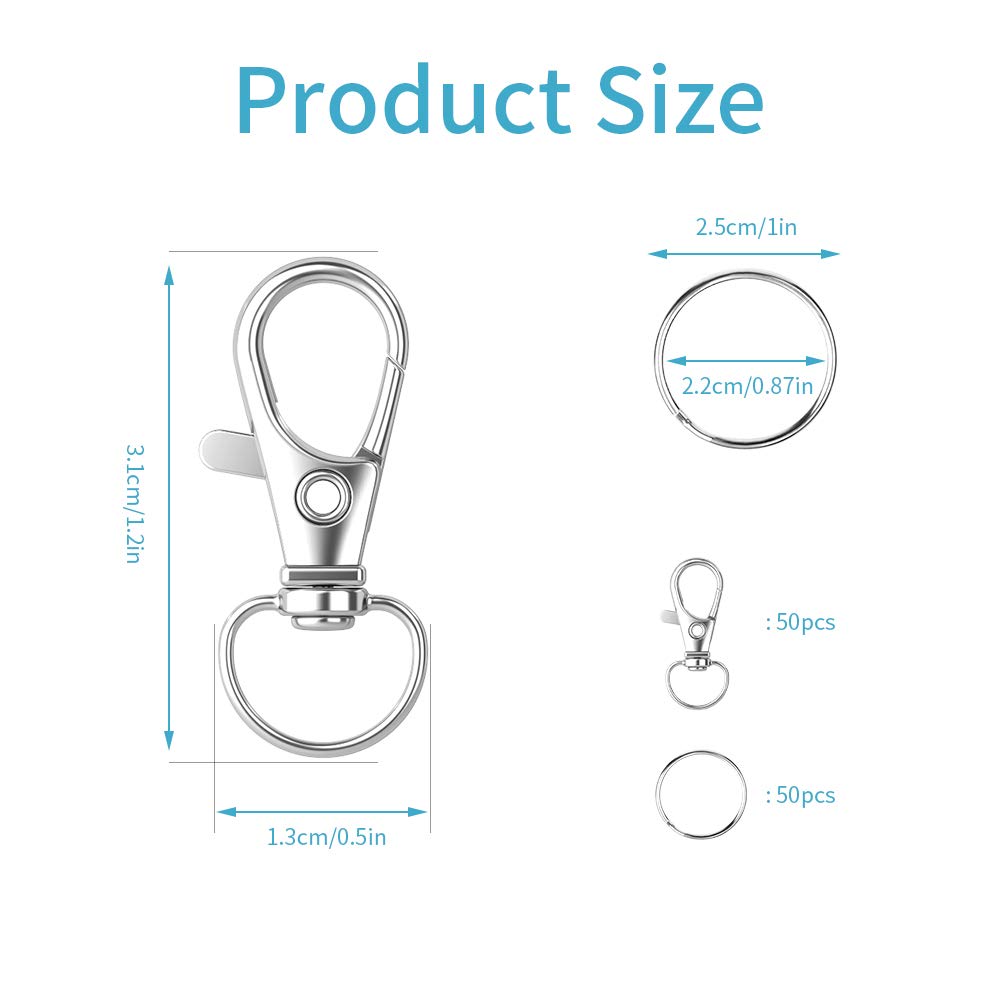 100PCS Keychain Hooks with Key Rings, Metal Swivel Lobster Claw Clasps, for Keychain Clip Lanyard, Jewelry Making, Crafts (Silver)