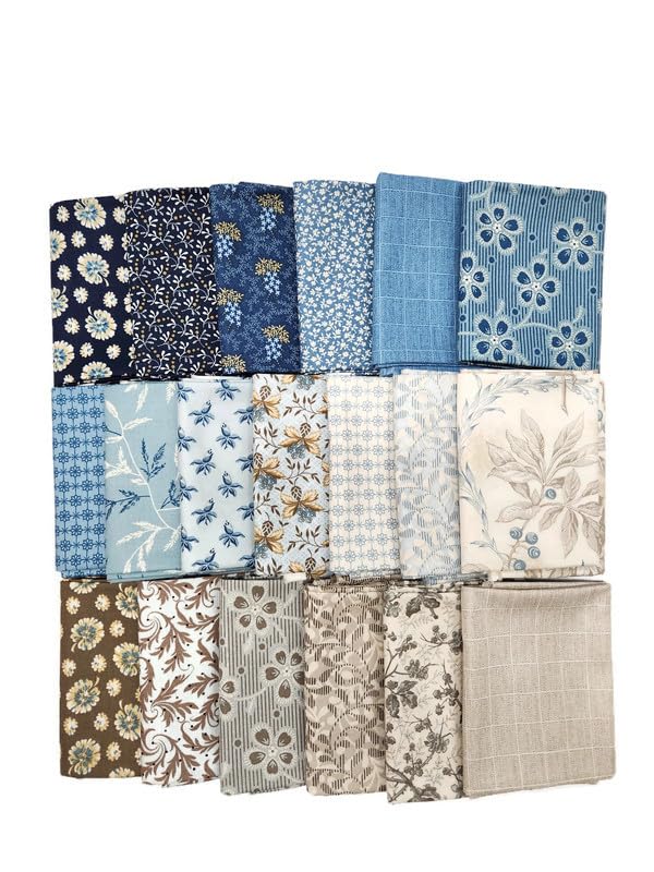 10 Fat Quarters - Edyta Sitar Blue Cocoa Blue Assorted Flowers Florals Botanicals Vines Quality Quilters Cotton Fabric Fat Quarter Bundle (M221.16)