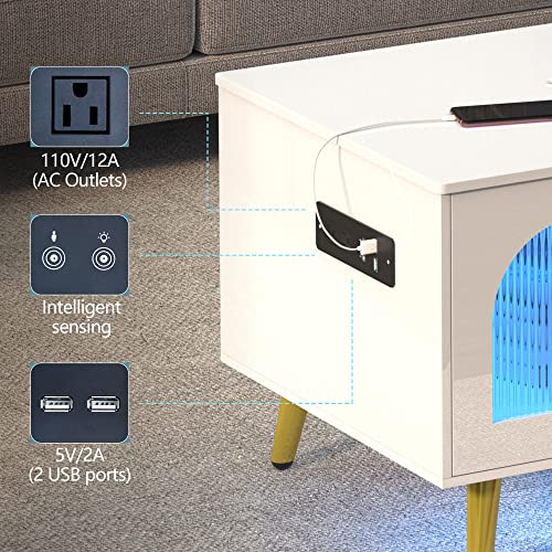 LVSOMT 42.5'' Coffee Table with 3 Colors Lighting, High Glossy Modern Accent Furniture with Storage, Contemporary Rectangle Table for Living Room(Glossy White