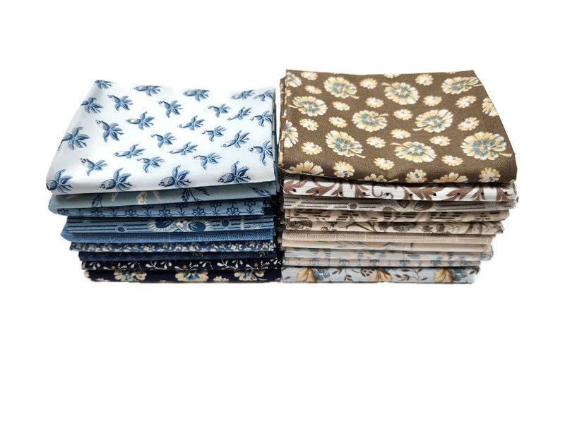 10 Fat Quarters - Edyta Sitar Blue Cocoa Blue Assorted Flowers Florals Botanicals Vines Quality Quilters Cotton Fabric Fat Quarter Bundle (M221.16)