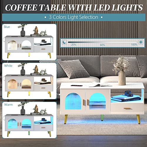 LVSOMT 42.5'' Coffee Table with 3 Colors Lighting, High Glossy Modern Accent Furniture with Storage, Contemporary Rectangle Table for Living Room(Glossy White