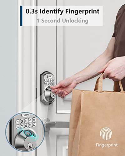 Fingerprint Door Lock - TEEHO TE002 Keyless Entry Door Lock with Keypad - Electronic Deadbolt Keyed Entry - Front Door Lock Sets - Combination Door Lock - Easy Installation - Satin Nickel