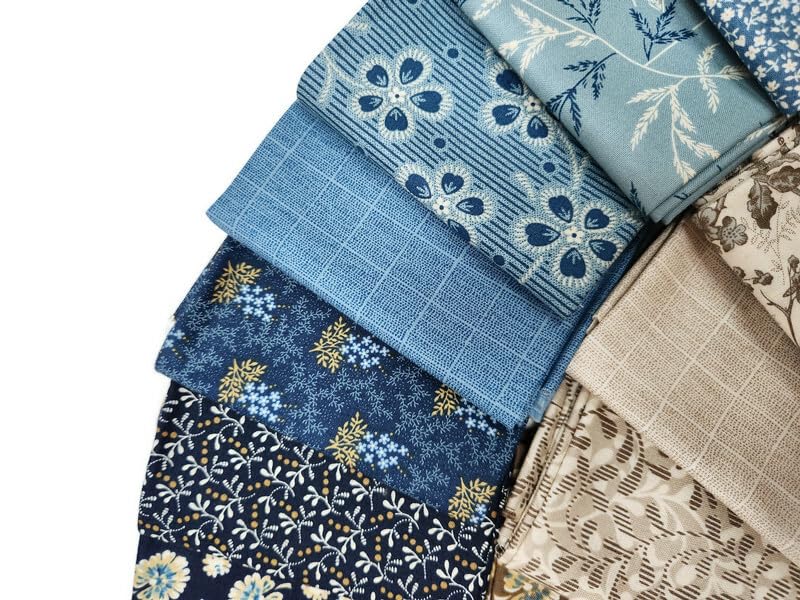 10 Fat Quarters - Edyta Sitar Blue Cocoa Blue Assorted Flowers Florals Botanicals Vines Quality Quilters Cotton Fabric Fat Quarter Bundle (M221.16)