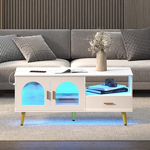 LVSOMT 42.5'' Coffee Table with 3 Colors Lighting, High Glossy Modern Accent Furniture with Storage, Contemporary Rectangle Table for Living Room(Glossy White