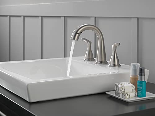 Delta Faucet Pull Down Bathroom Faucet Brushed Nickel, Bathroom Pull Out Faucet, Widespread Bathroom Faucet 3 Hole with Magnetic Docking, Bathroom Sink Faucet, SpotShield Stainless 35765LF-SPPD