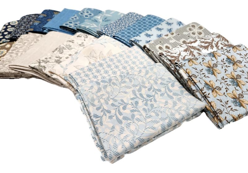 10 Fat Quarters - Edyta Sitar Blue Cocoa Blue Assorted Flowers Florals Botanicals Vines Quality Quilters Cotton Fabric Fat Quarter Bundle (M221.16)