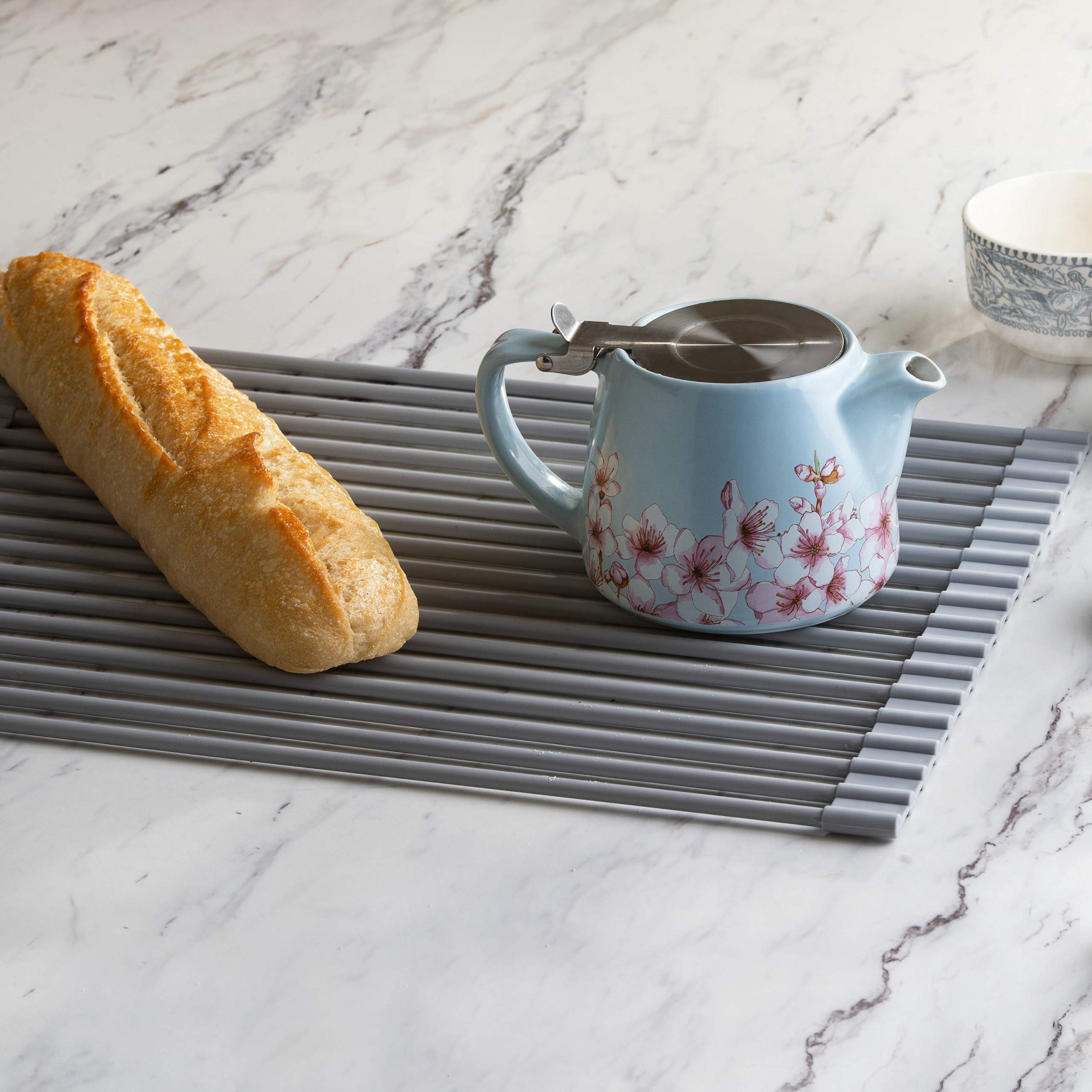 Roll Up Dish Drying Rack - Silicone Dish Drying Rack Over The Sink Kitchen (17" x 13") - Foldable Farmhouse Sink Drying Rack - Heavy- Duty Stainless Steel Core - BPA Free & Dishwasher Safe by DI ORO