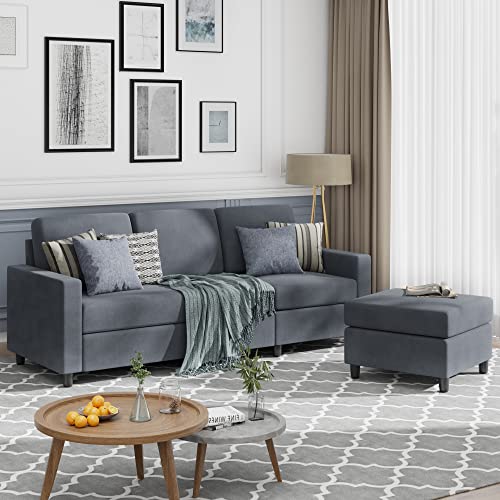 JAMFLY 79'' Convertible Sectional Sofa Couch, 3-seat L-Shaped Wide Reversible Couch with Modern Linen Fabric, Small Space Sofa for Living Room, Apartment and Office (Dark Gray)