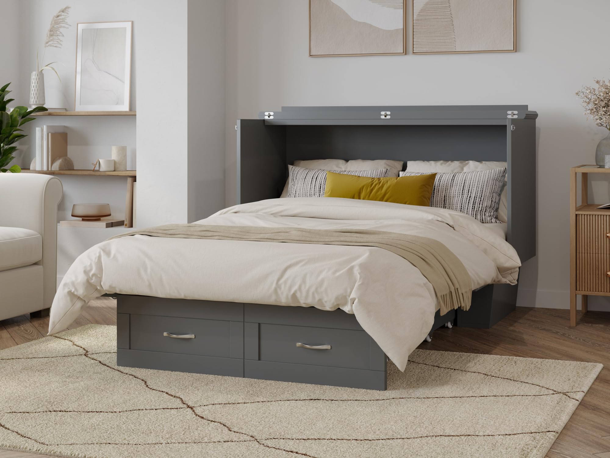AFI Monroe Full Size Murphy Bed Chest with Mattress, Storage, & Built-in Charger in Grey