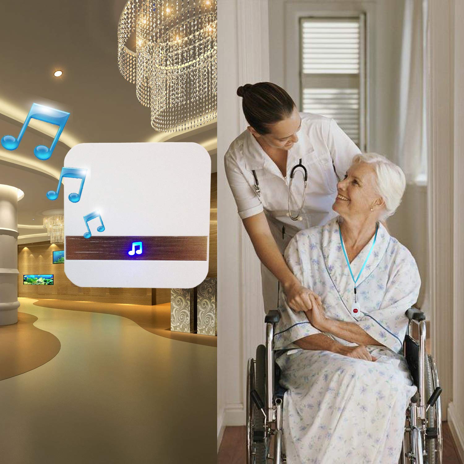 Caregiver Pager Wireless Life Alert Systems for Seniors IP55 Waterproof, Fall Alert Devices for Elderly, Panic Buttons with Necklace (3 Call Buttons + 2 Receivers)