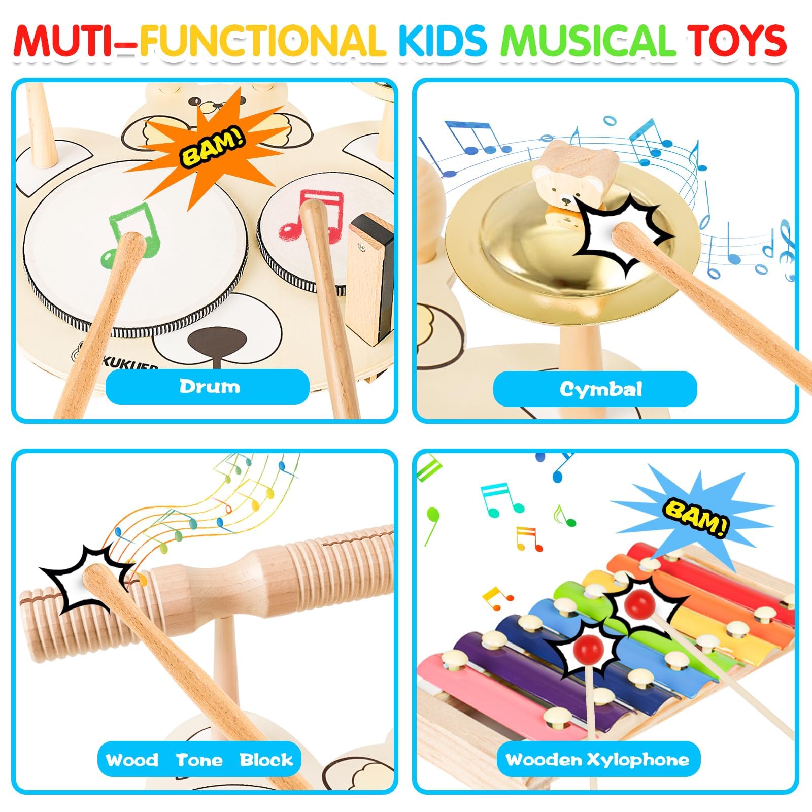 Toddler Musical Instruments Set, 9 in 1 Wooden Percussion Instruments for Toddlers, Montessori Musical Instruments for Boys Girls Early Learning