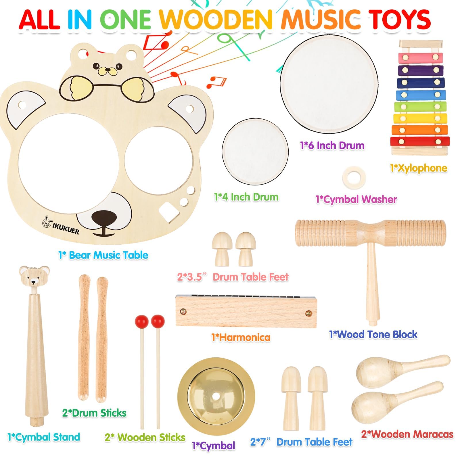 Toddler Musical Instruments Set, 9 in 1 Wooden Percussion Instruments for Toddlers, Montessori Musical Instruments for Boys Girls Early Learning